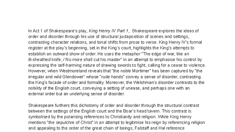 King Henry IV Part One Essay - In Act 1 of Shakespeare’s play, King ...
