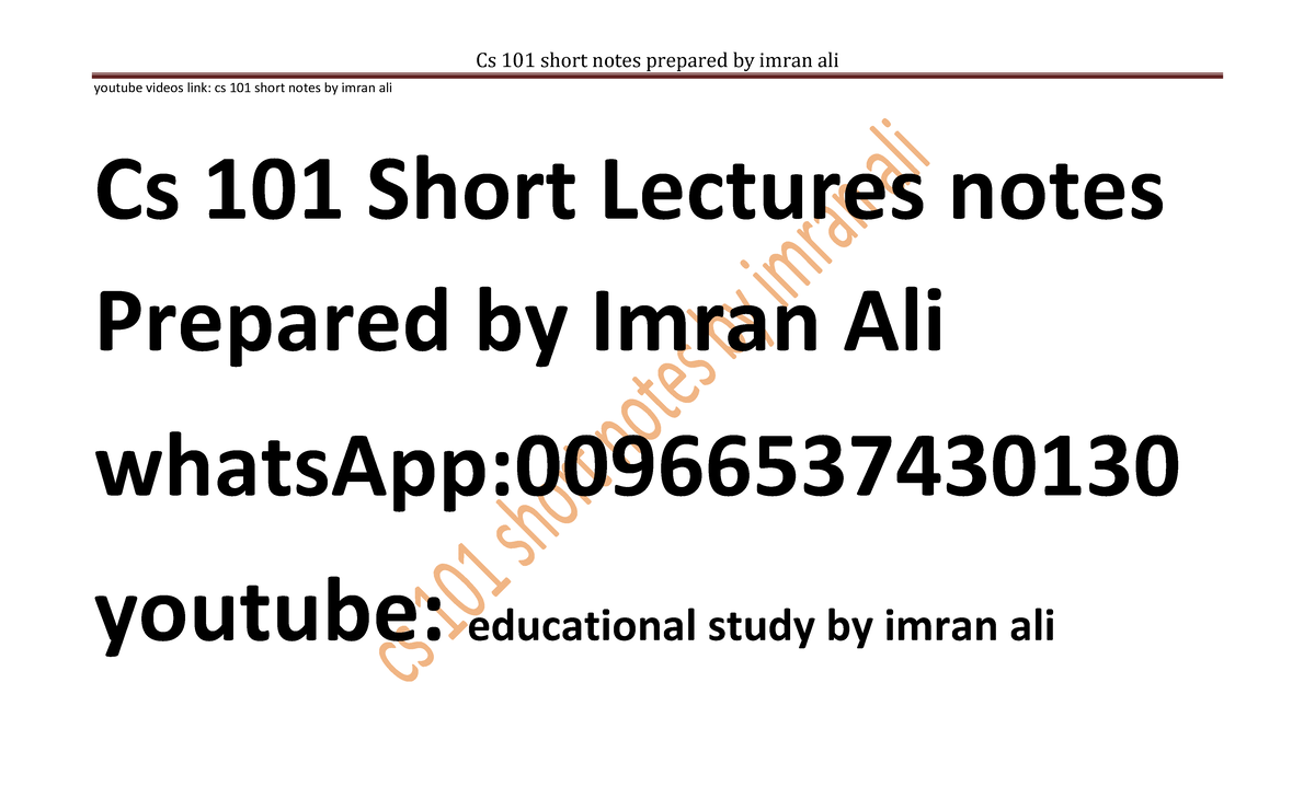 Cs 101 Module 109-234: Short and Comprehensive Lecture Notes - Studocu