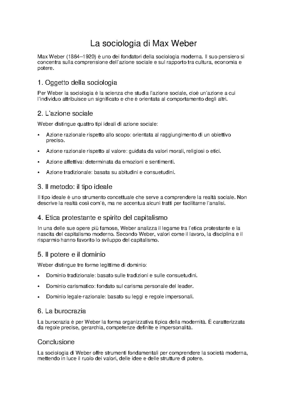 Sociologia di Max Weber: Fondamenti e Teorie Chiave - Studocu