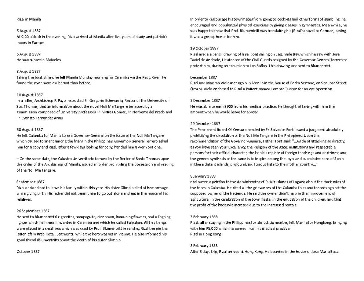 Jose Rizal Travel- first - Rizal in Manila 5 August 1887 At 9:00 o ...