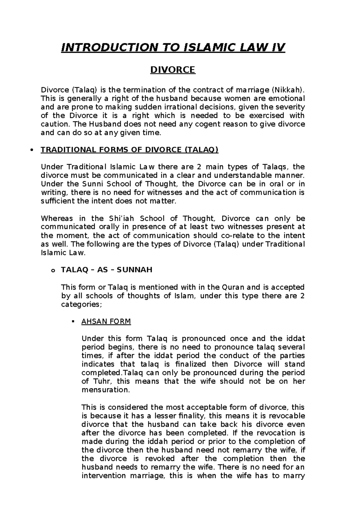 Islamic Law IV: Class Notes on Divorce (Talaq) Principles and Types ...