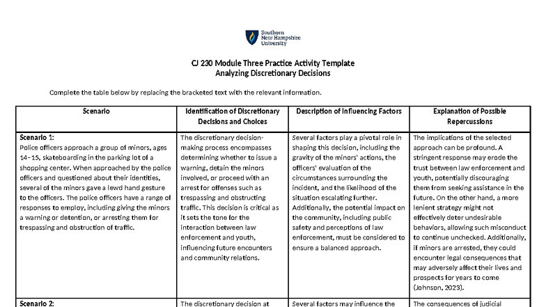 CJ 230 Module 3 Practice Activity: Analyzing Discretionary Decisions ...