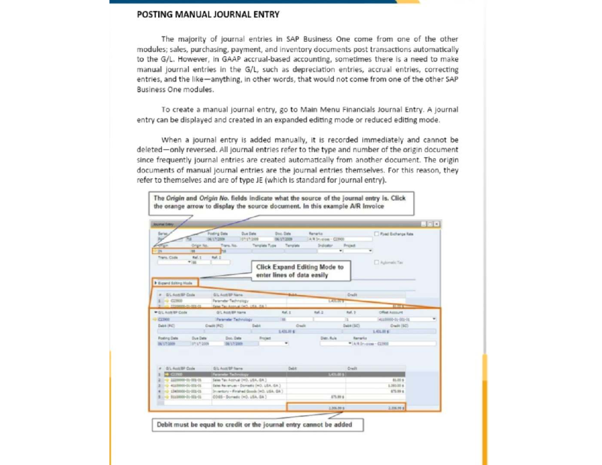 SAP Business One Manual Journal Entry Guide: Chapter 10 - Studocu