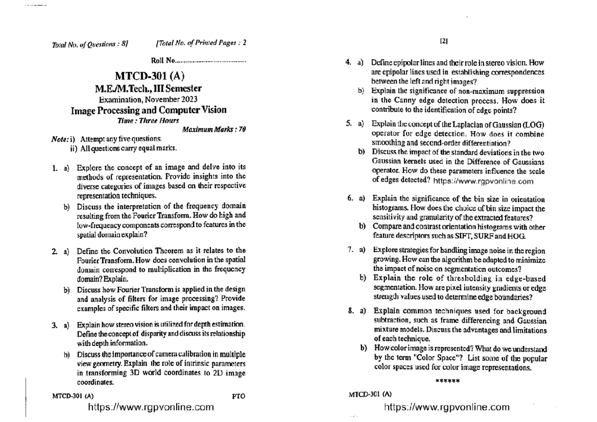 MTech 3 Sem Image Processing & Computer Vision MTCD 301 Exam Nov 2023 ...