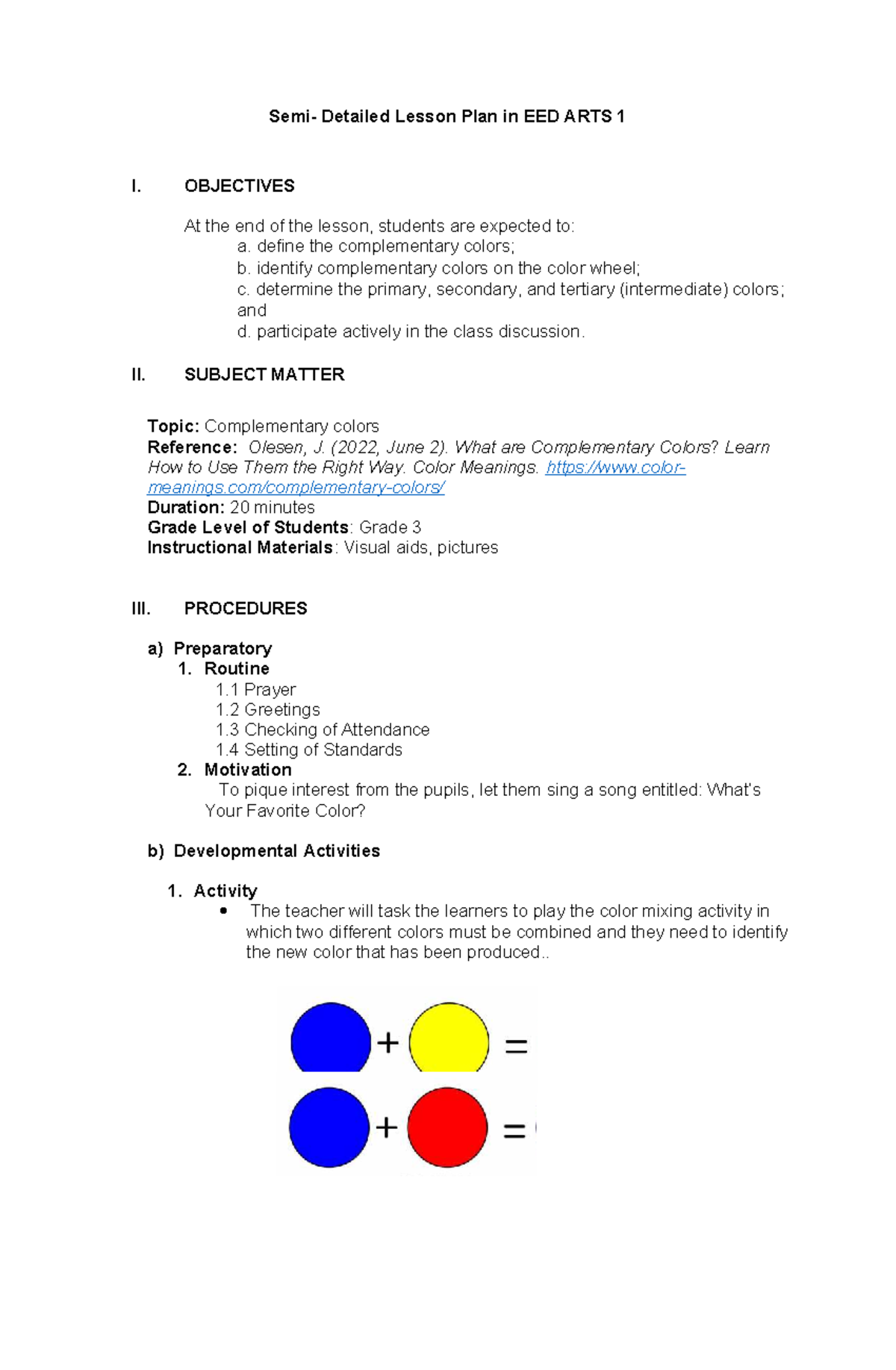Detailed Lesson Plan on Complementary Colors in EED ARTS 1 - Studocu