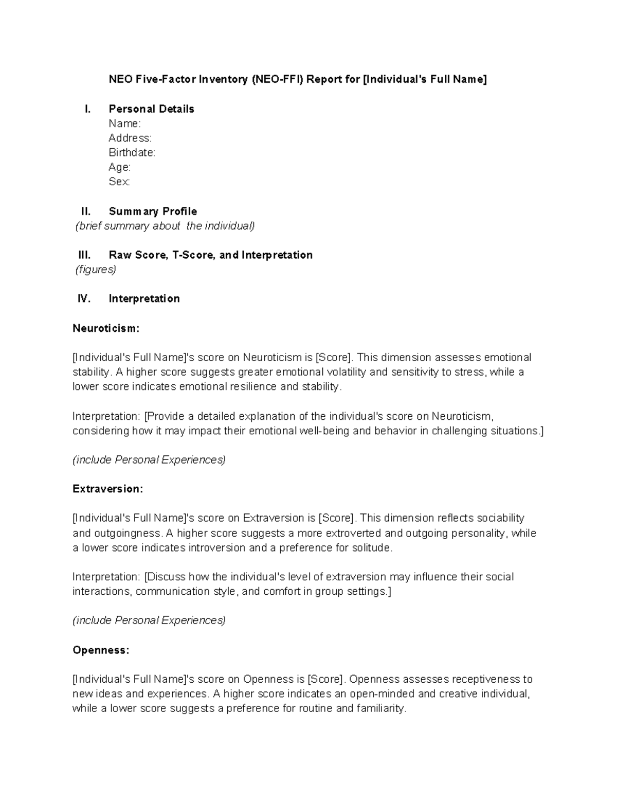 NEO-FFI Report: Analysis of Counselling-Based Article Insight - Studocu