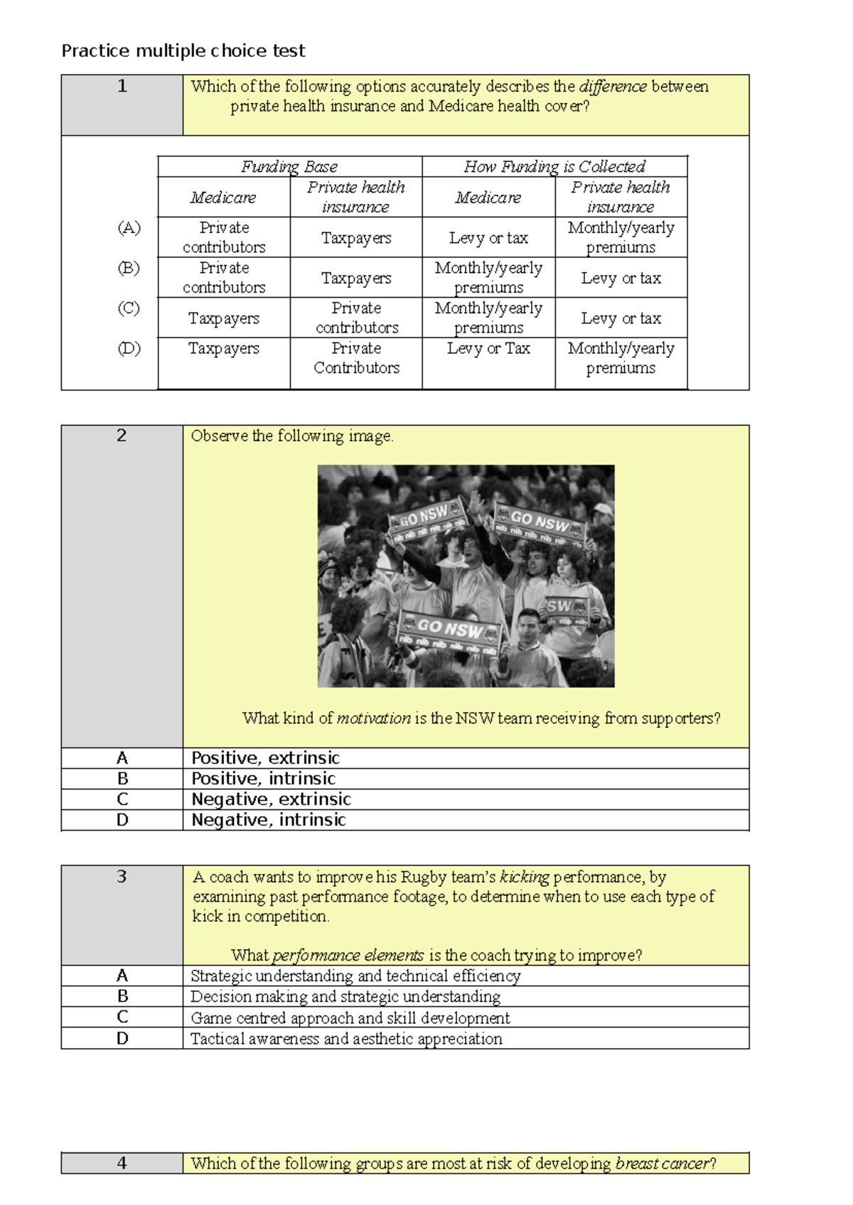 Practice MC Test 10: Health Insurance & Performance Analysis - Studocu