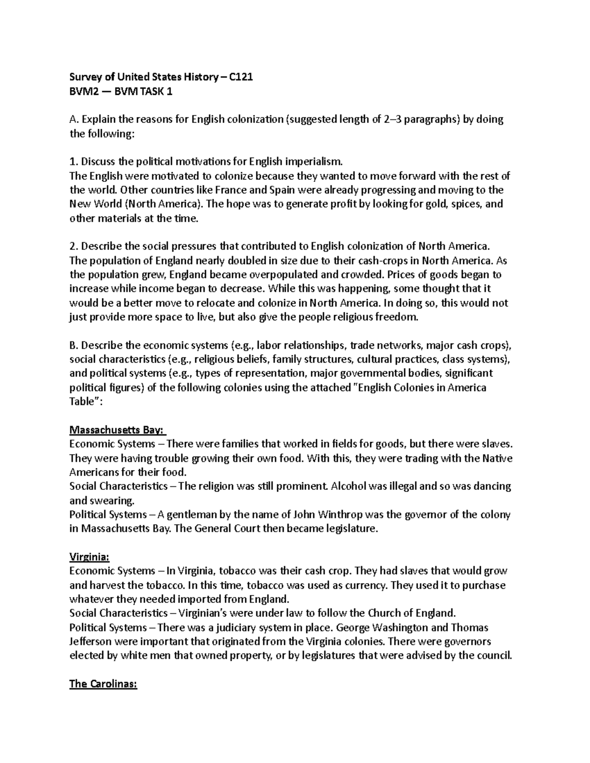 C121 Task 1 - Grade: A - Survey of United States History C121 BVM2 BVM ...