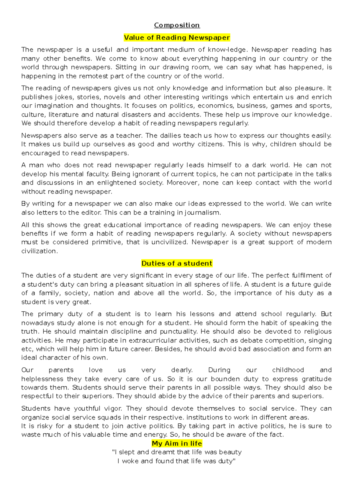 Composition Value of Reading Newspapers - SSC Writing Notes - Studocu