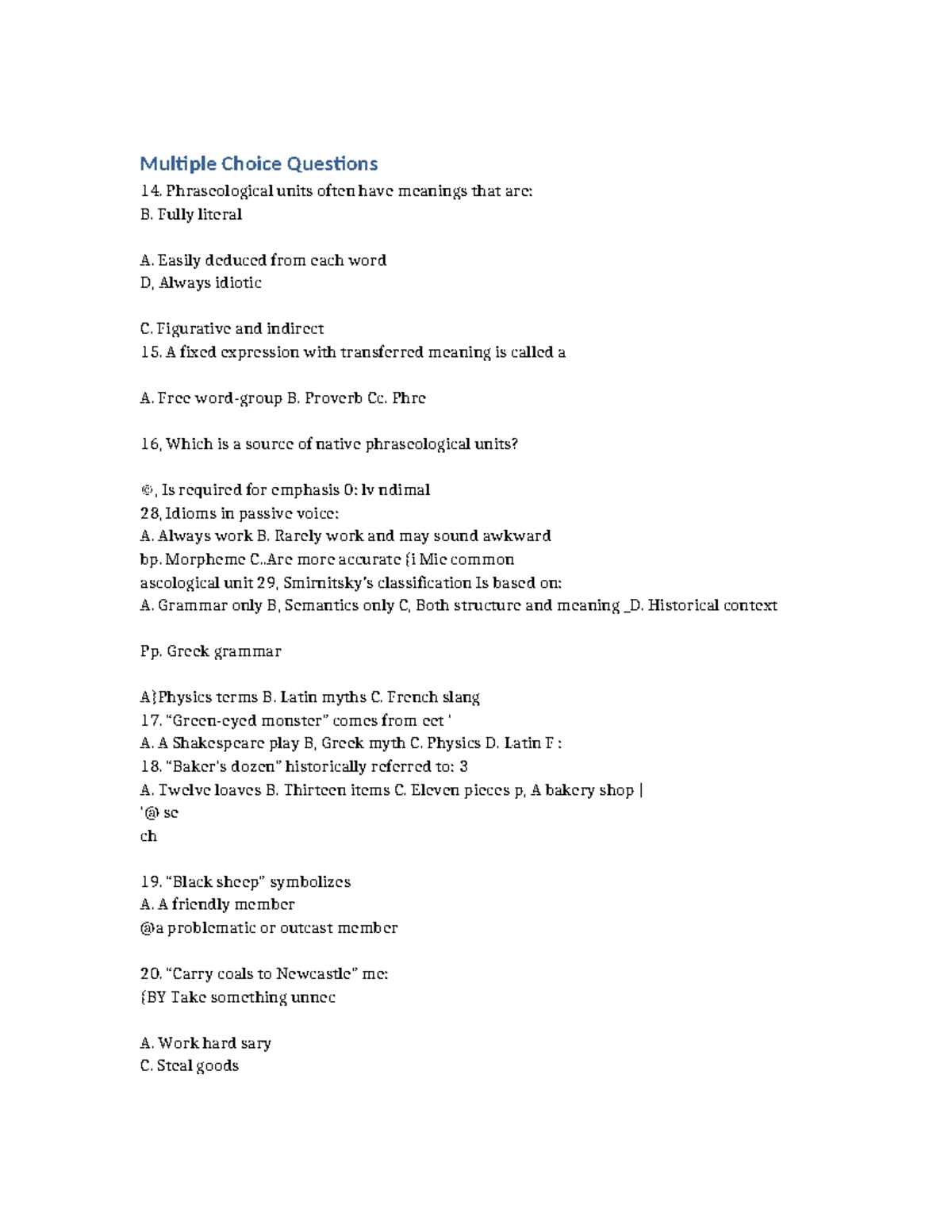 Multiple Choice Questions on Phraseological Units and Idioms - Studocu