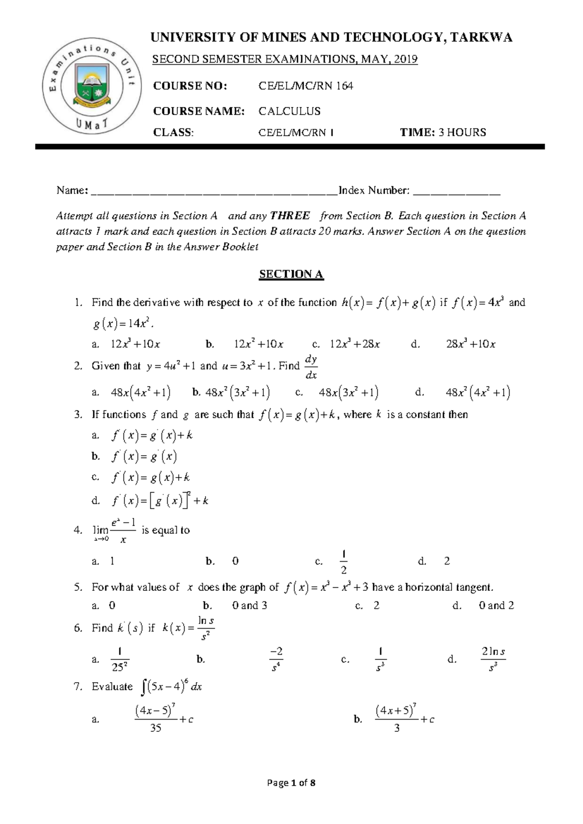 EL166 Calculus Final Exam Questions - May 2019 - Studocu