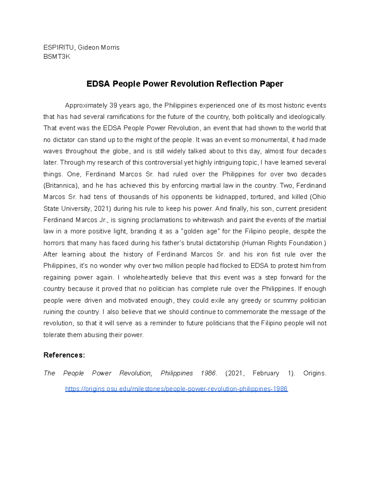 EDSA Reflection Paper - ESPIRITU, Gideon Morris BSMT3K EDSA People ...