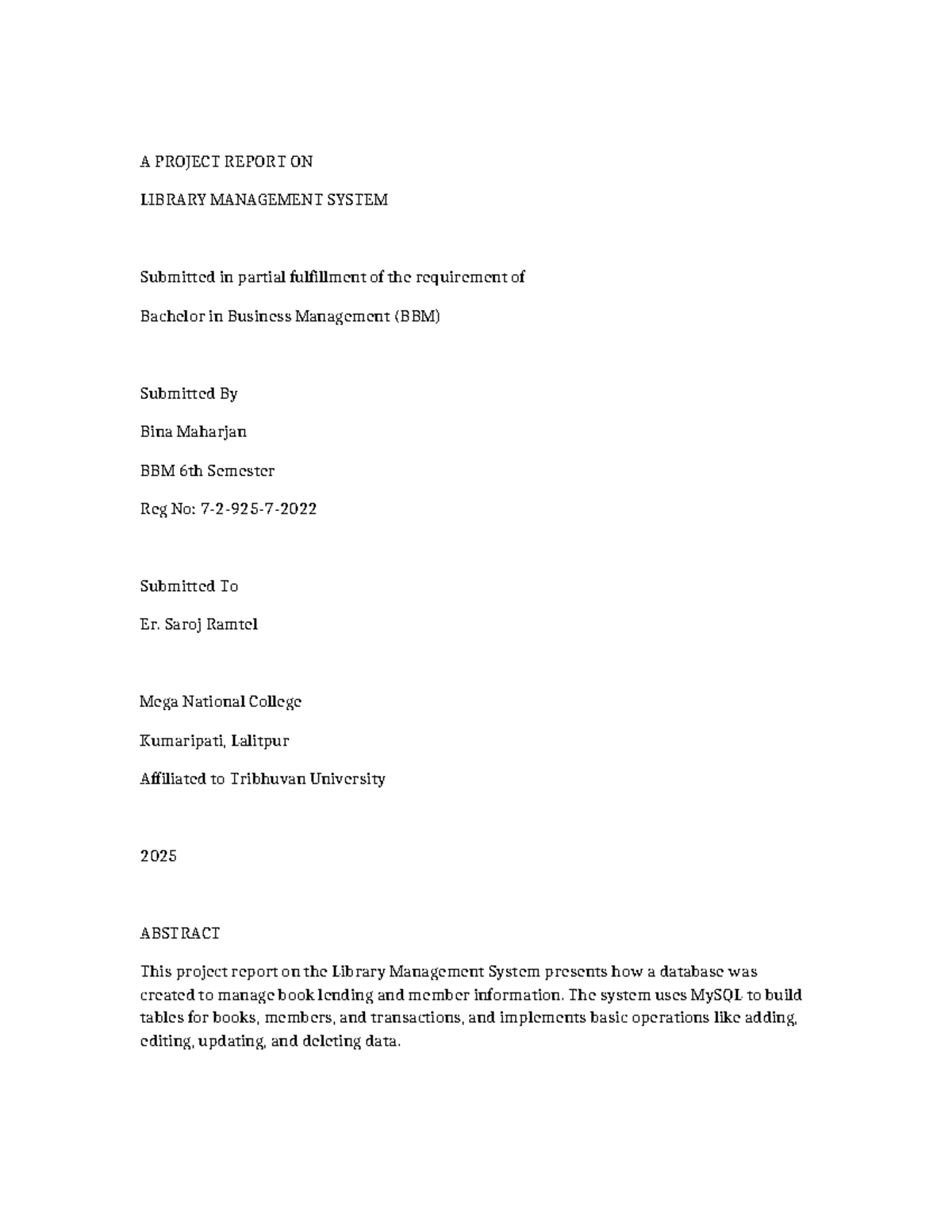 BBM 6th Sem: Library Management System Project Report - Studocu