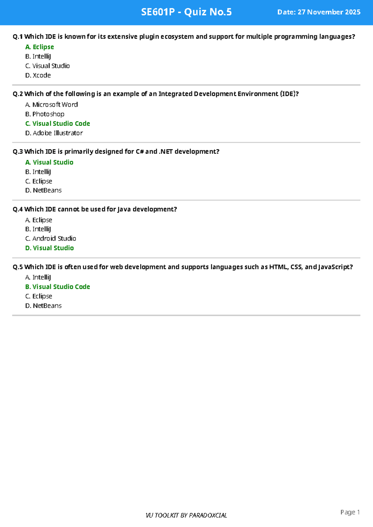 SE601P Quiz No.5 - IDEs and Development Tools Insights - Studocu