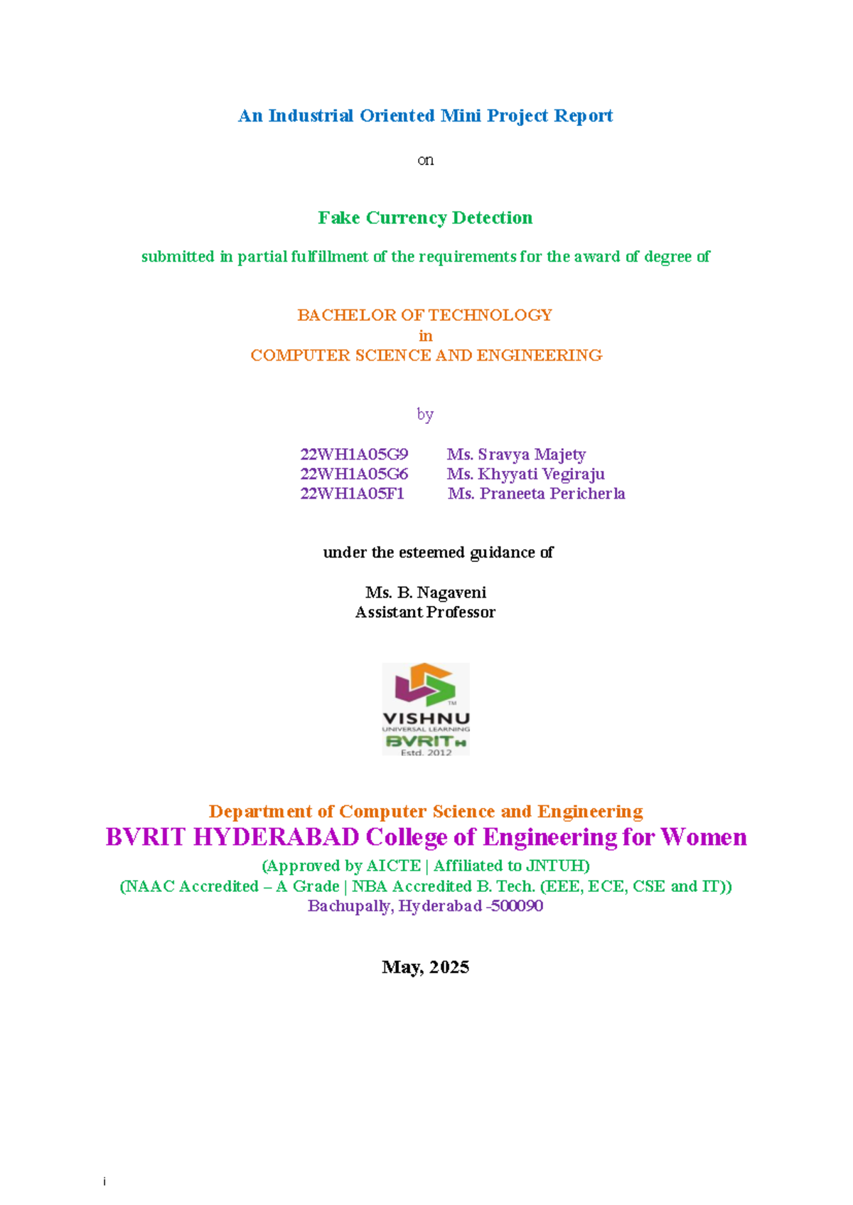 B.Tech Mini Project Report: Fake Currency Detection (CSE 22WH1A05G9) - Studocu