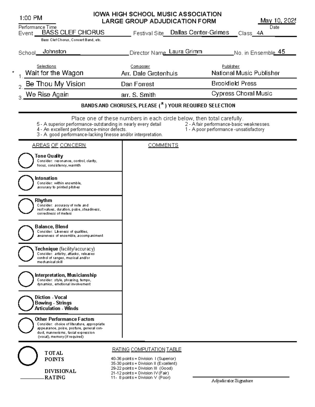 IOWA HIGH SCHOOL MUSIC ASSOCIATION LARGE GROUP ADJUDICATION FORM - May ...