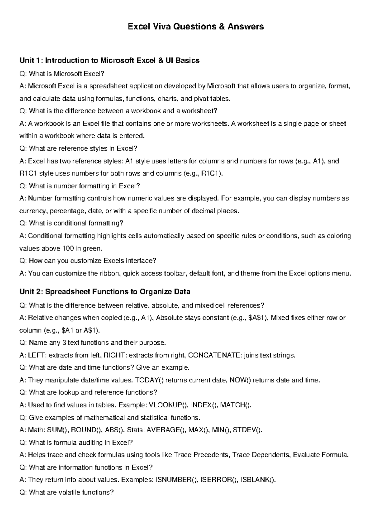 Excel Viva Questions & Answers: Unit 1-5 on Microsoft Excel Basics ...