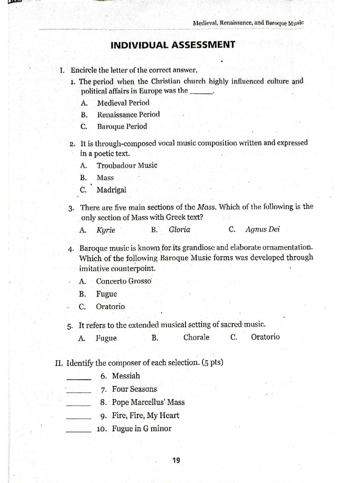 Medieval, Renaissance, and Baroque Music Assessment I - Studocu