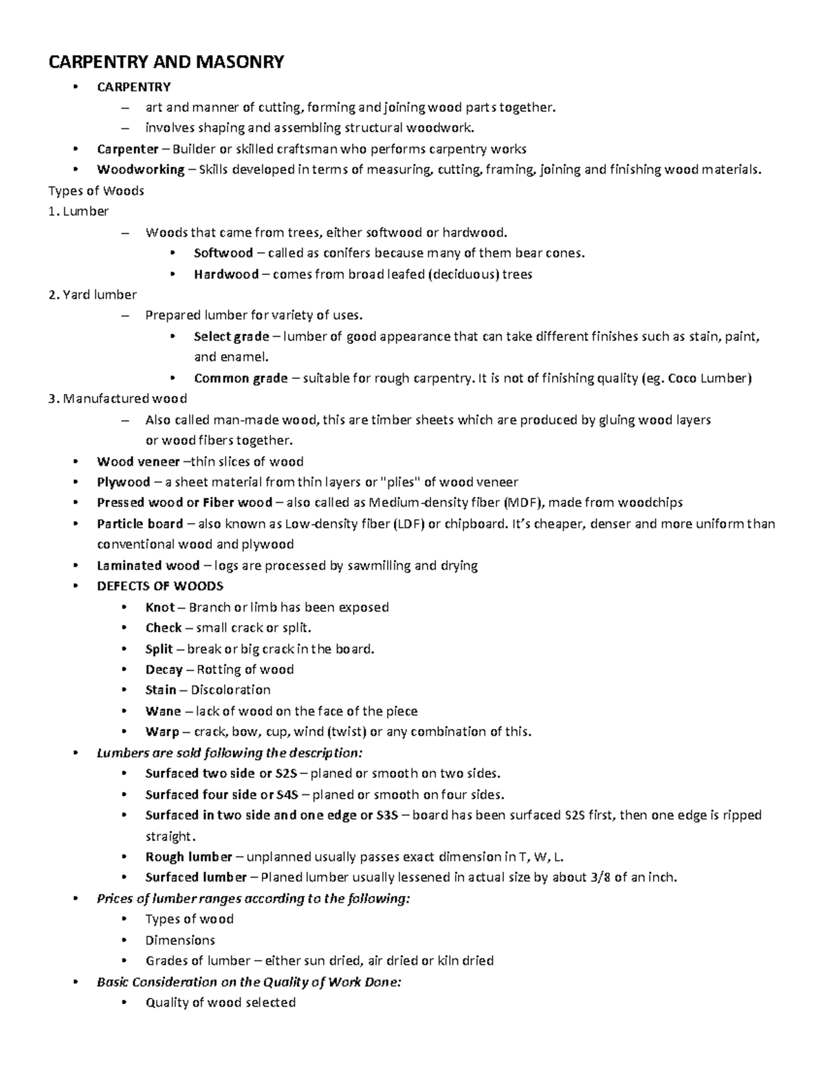 TLE- Notes - Read and understand - CARPENTRY AND MASONRY • CARPENTRY ...