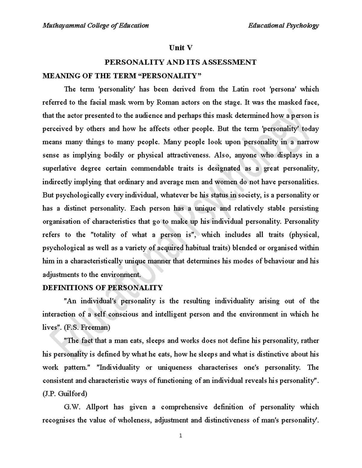 Educational Psychology Unit V: Understanding Personality and Its ...