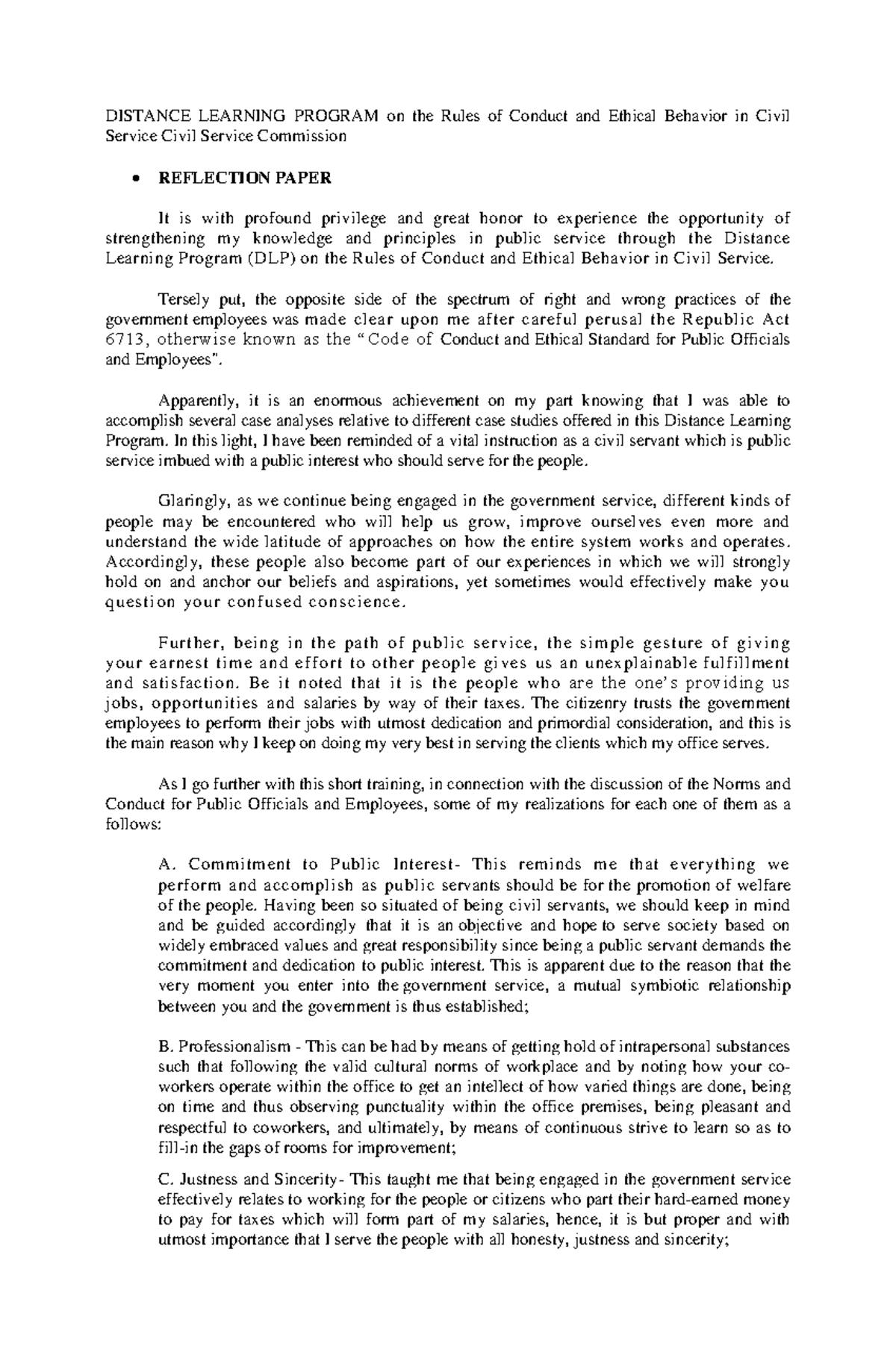 Reflection on DLP: Rules of Conduct & Ethical Behavior in Civil Service ...
