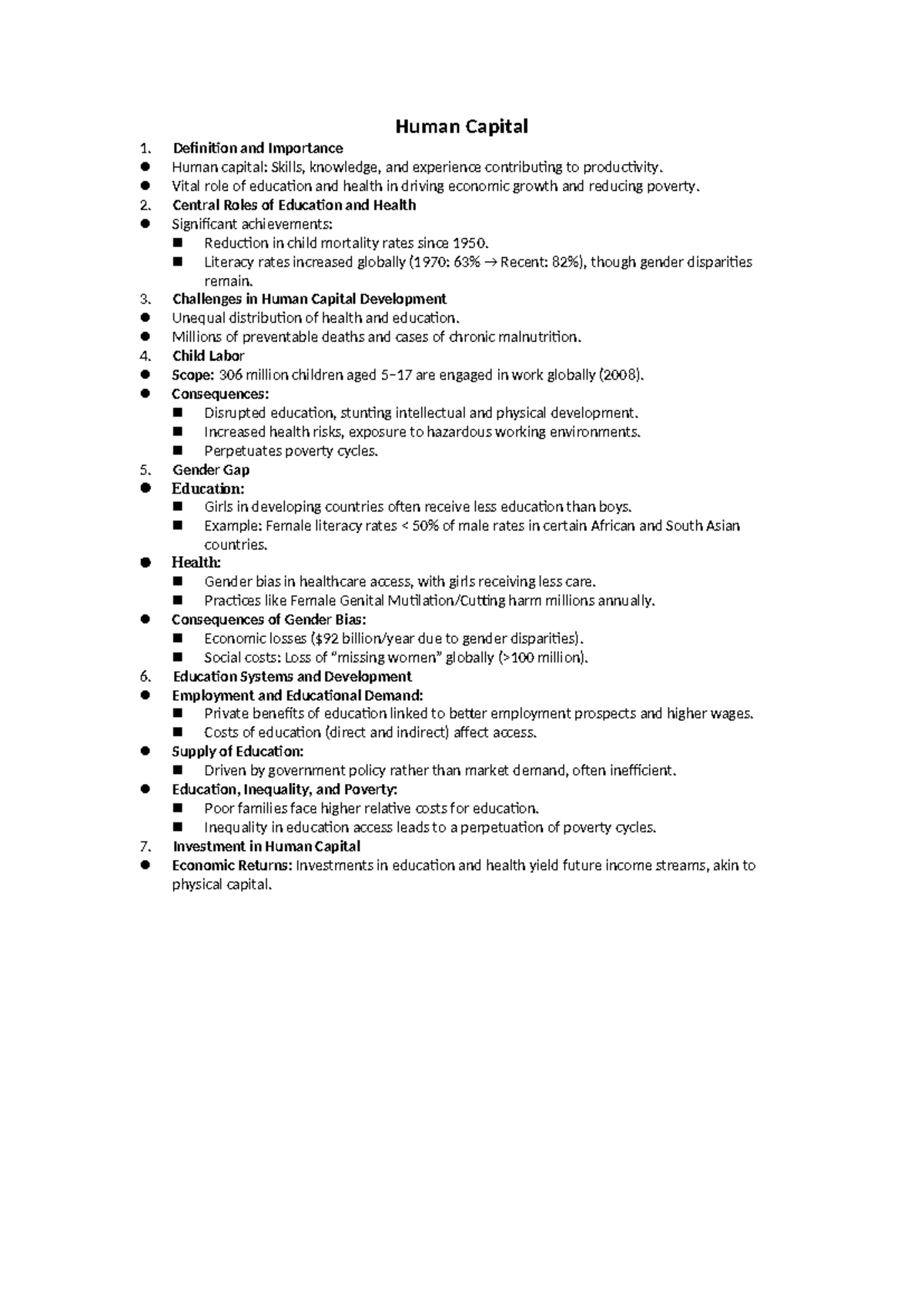 ECONOMICS LECTURE SUMMARY - Human Capital 1. Definition and Importance ...