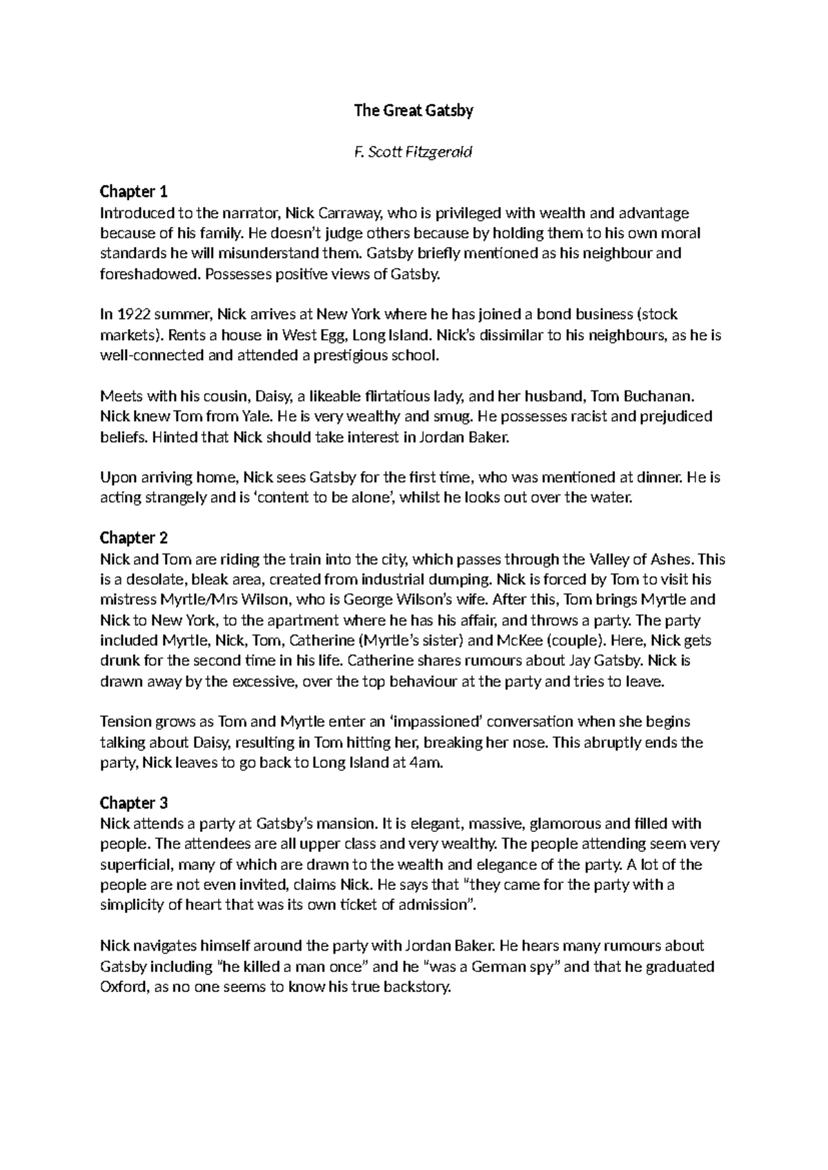 The Great Gatsby - GG Chapter Summaries and Analysis Notes - Studocu