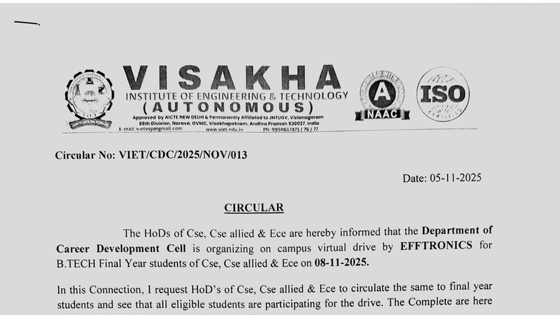 Circular for EFFTRONICS Virtual Drive - B.TECH Final Year CSE/ECE - Studocu