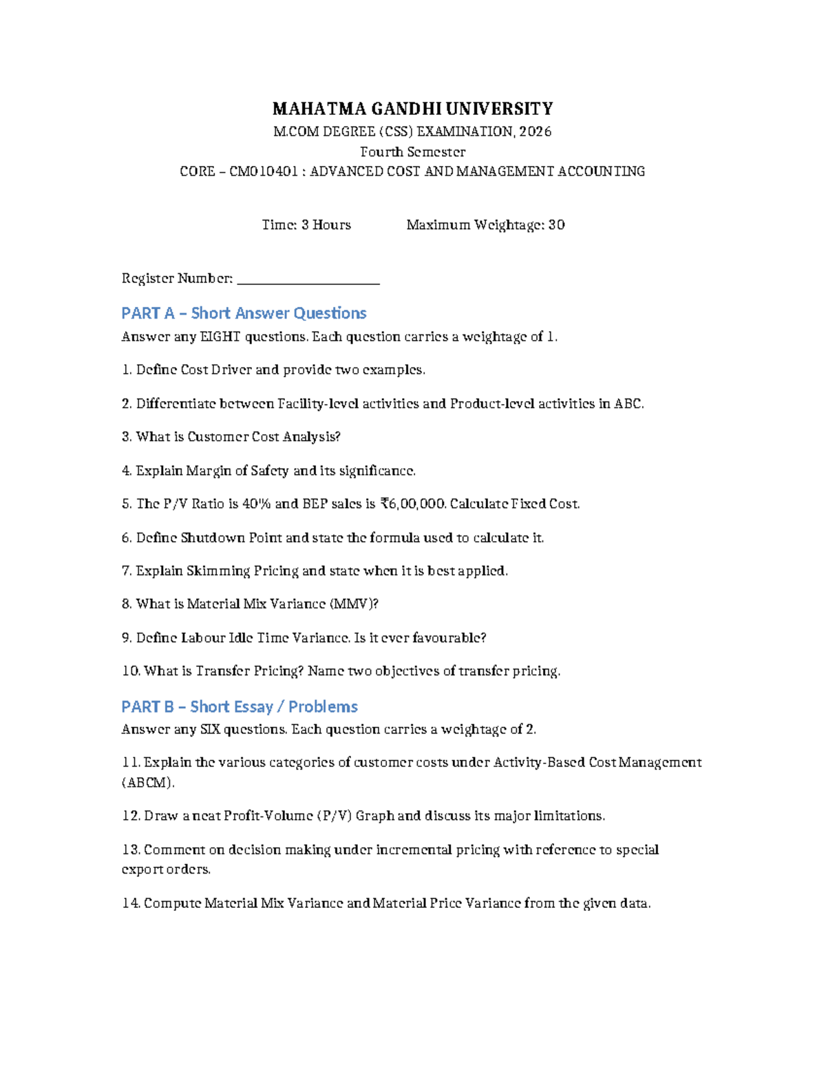 MGU M.Com 2026 Final Exam: Advanced Cost & Management Accounting - Studocu