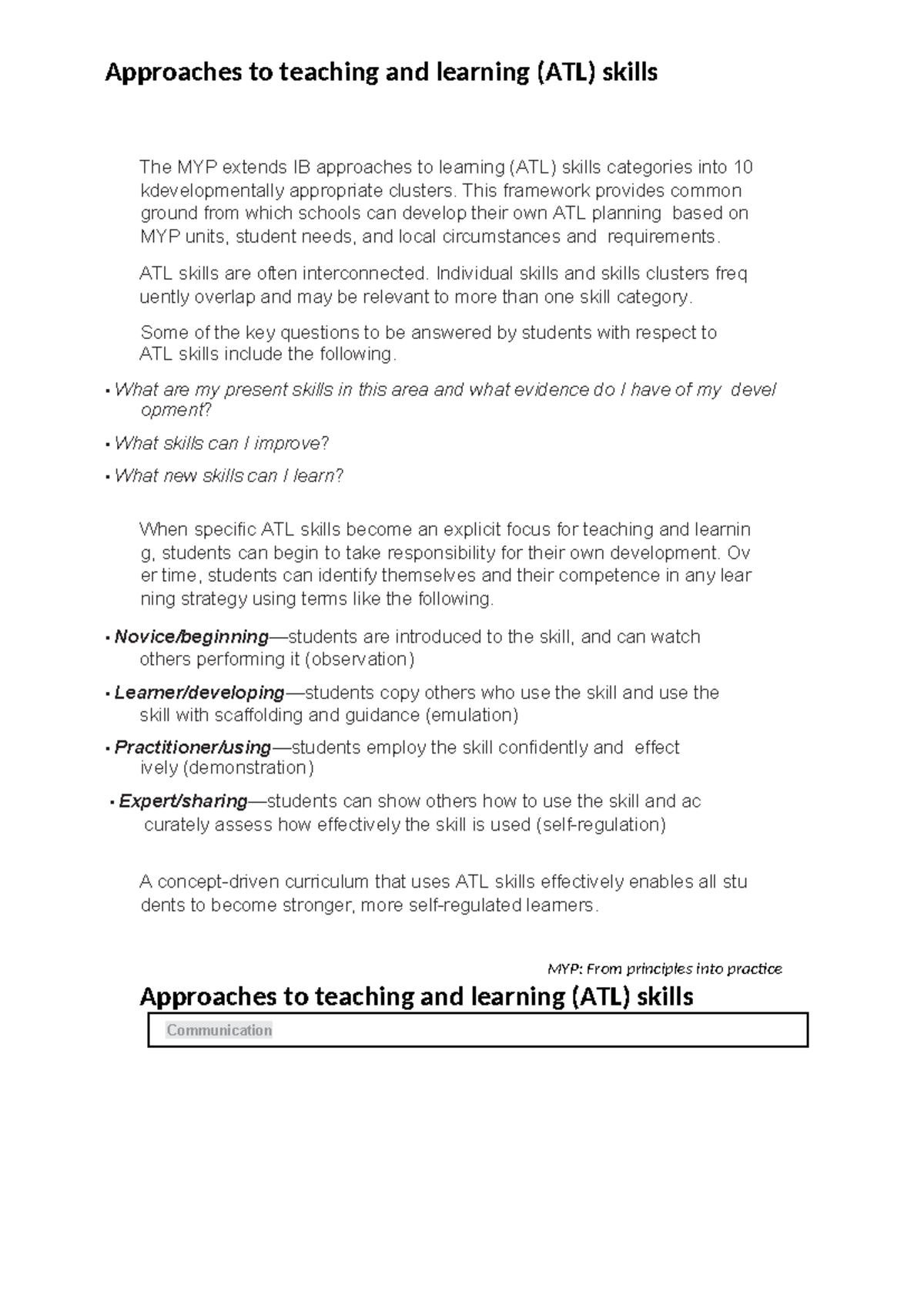 Approaches to Learning (ATL Skills) List - Approaches to teaching and ...