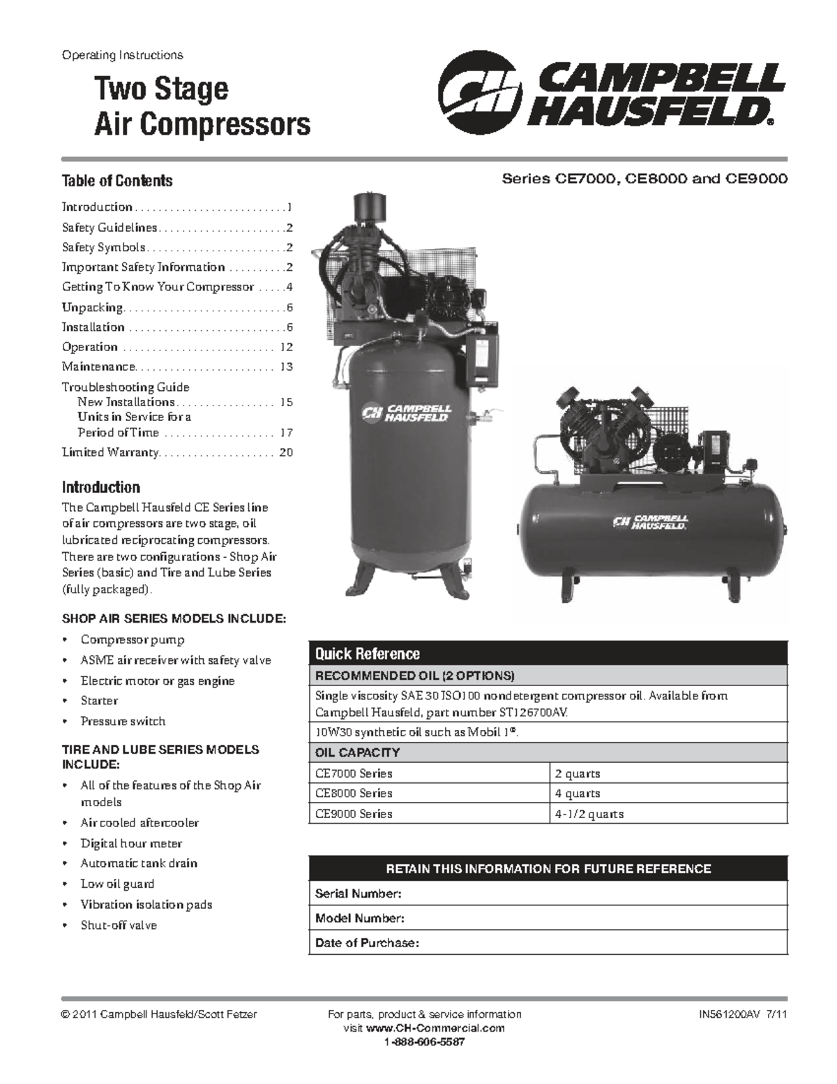 Operating Instructions for Campbell Hausfeld CE7000 80 Gallon 7.5 HP ...