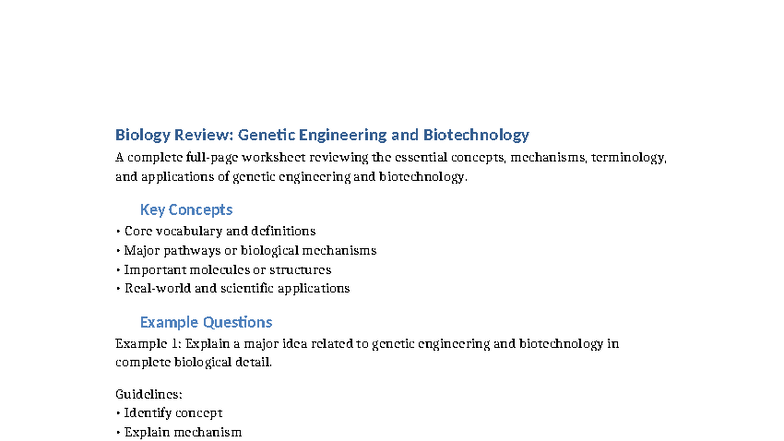 Biology Worksheet 207: Genetic Engineering & Biotechnology Review - Studocu