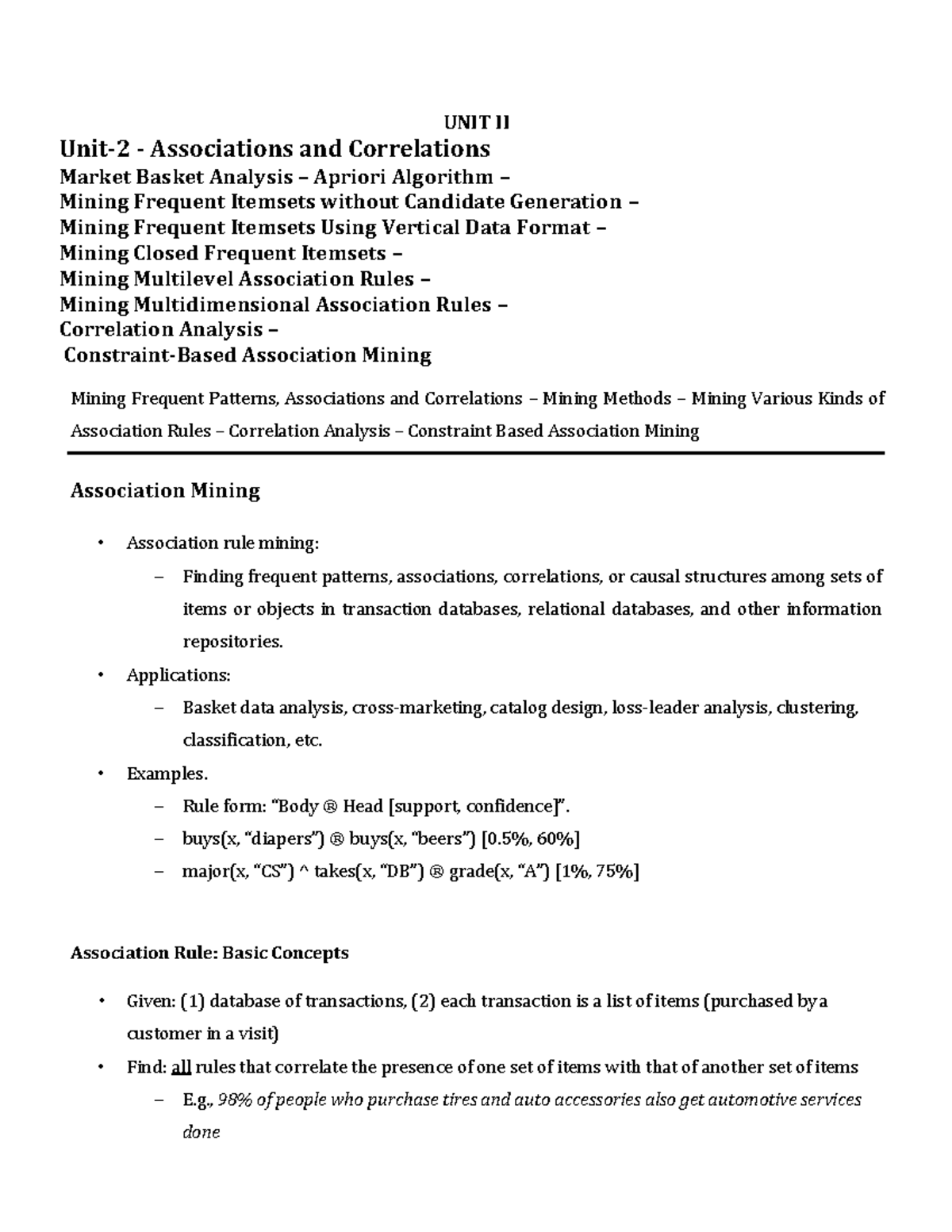 Unit II - Lecture Notes on Association Mining and Correlation Analysis ...