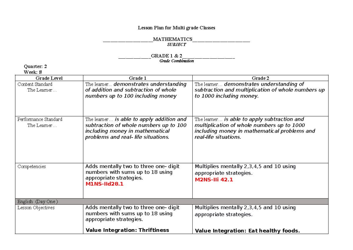 MG DLP MATH 1&2 - Multi-Grade Lesson Plan for Week 8 - Studocu