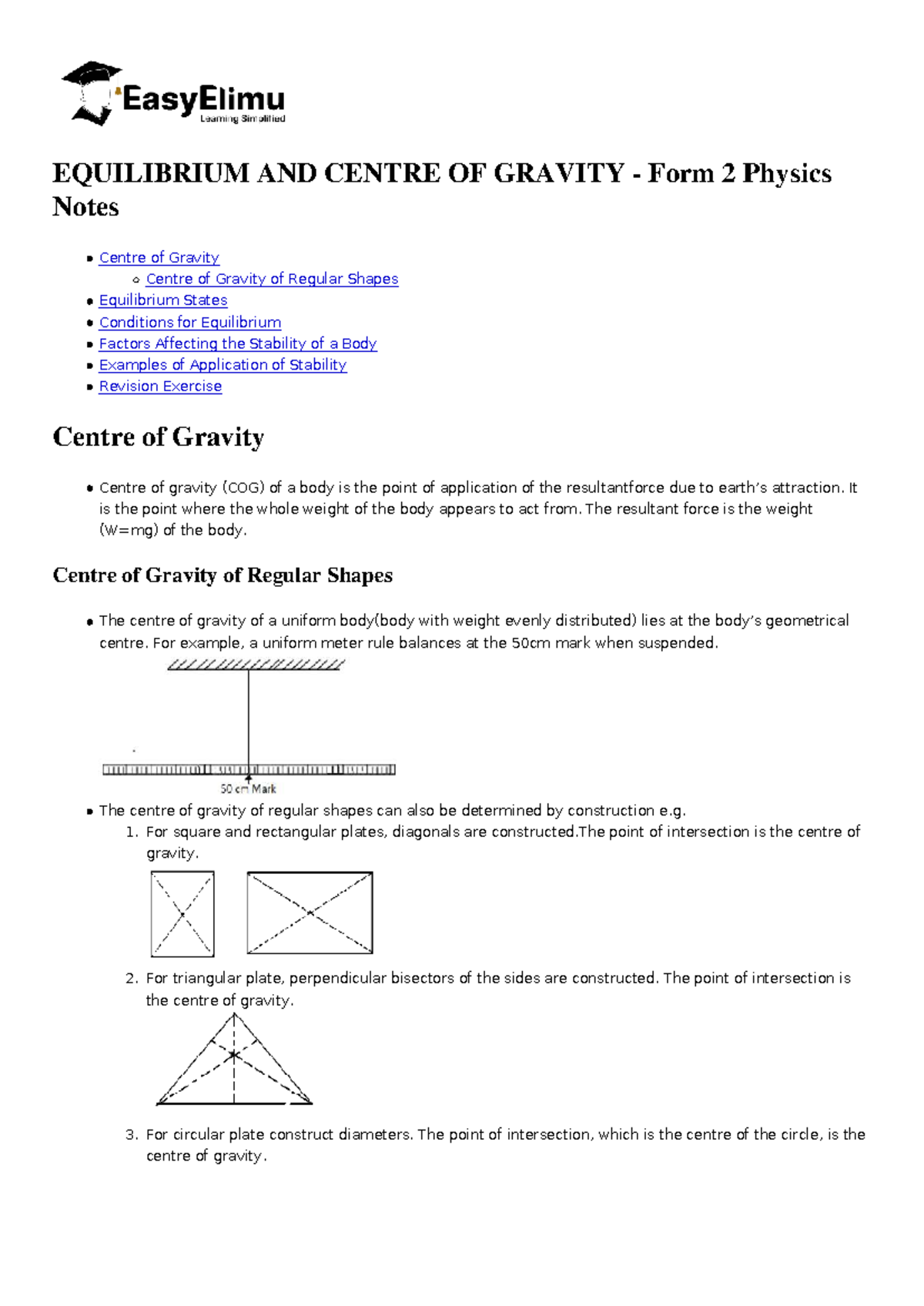 EQUILIBRIUM & CENTRE OF GRAVITY - Form 2 Physics Notes - Studocu