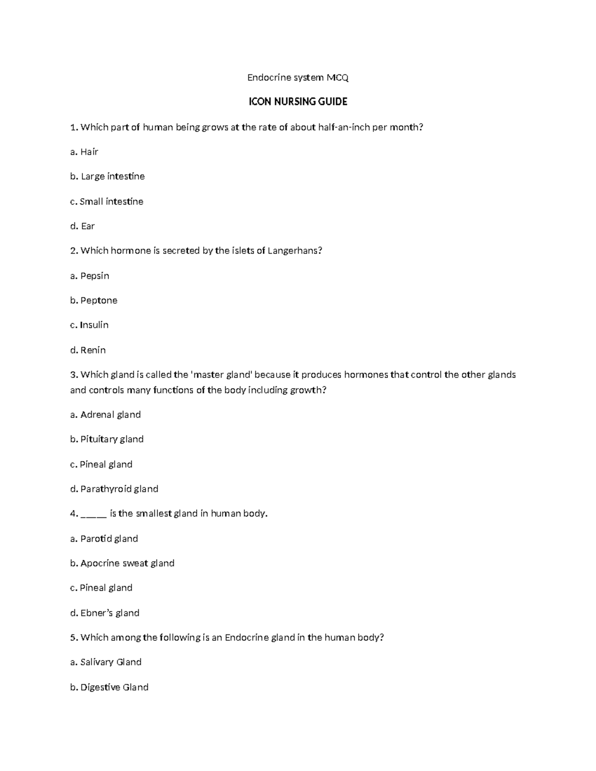 Endocrine System MCQs (ICON NURSING GUIDE) - Q&A - Studocu