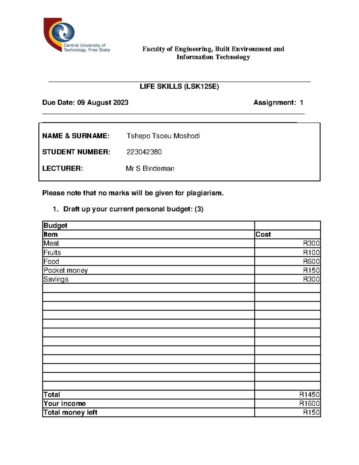 LSK125E Assignment 1: Personal Budget & Life Skills Summary - Studocu