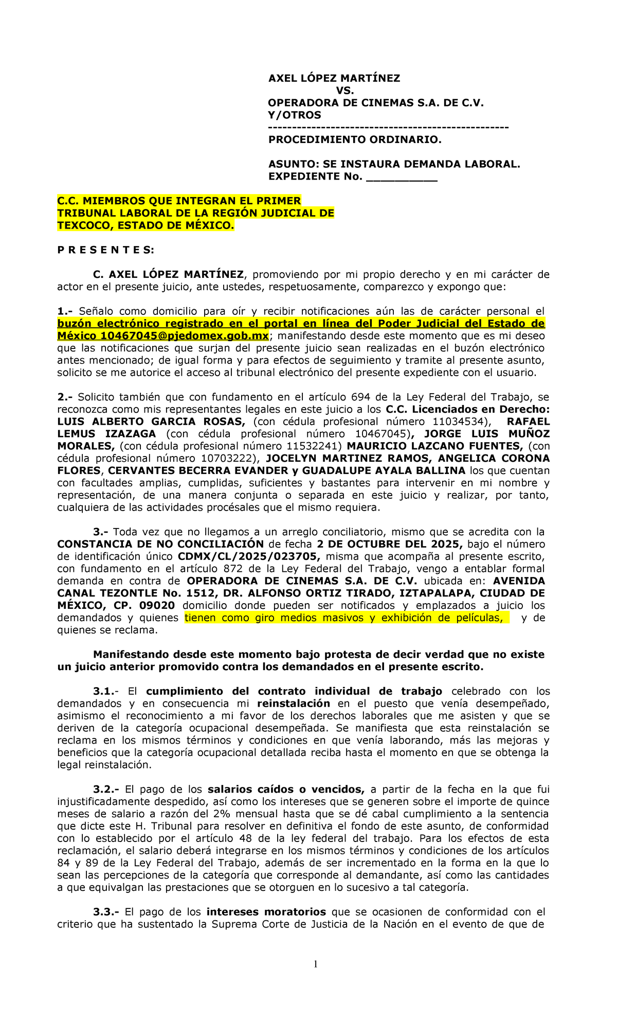 AXEL LÓPEZ MARTÍNEZ VS. OPERADORA DE CINEMAS S.A. DEMANDA LABORAL - Studocu