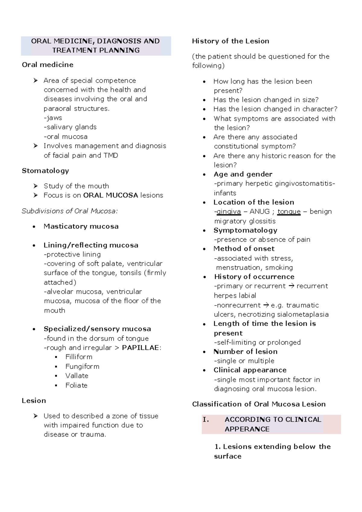 Orldxd- Midterms- Notes - I. ACCORDING TO CLINICAL APPERANCE ORAL ...