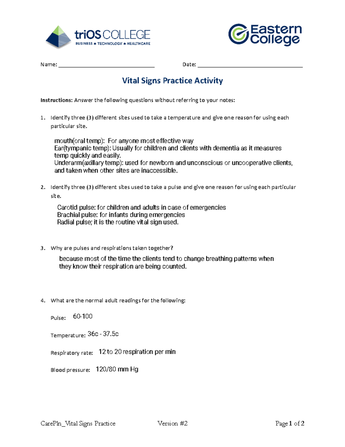 Vital Signs Practice Activity Handout for Nursing Students - Studocu
