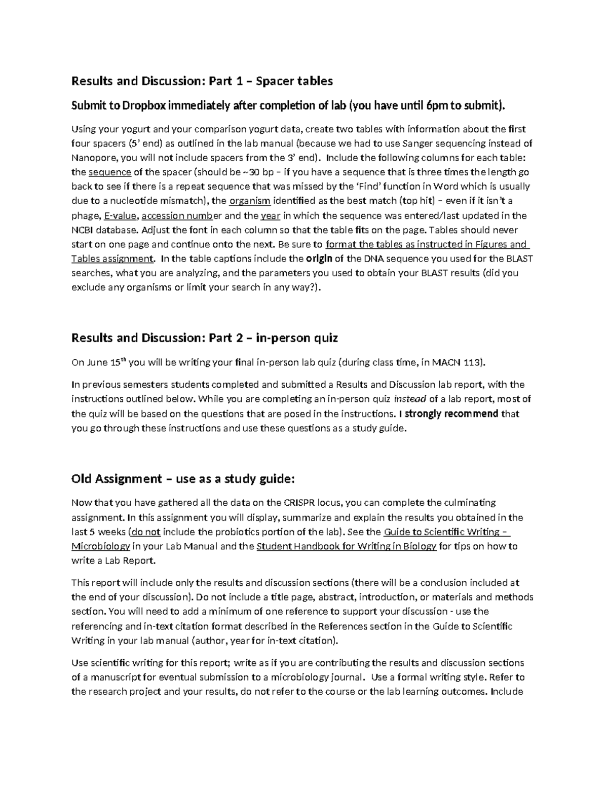 Results and Discussion Assignment S26: Spacer Tables and Lab Quiz ...