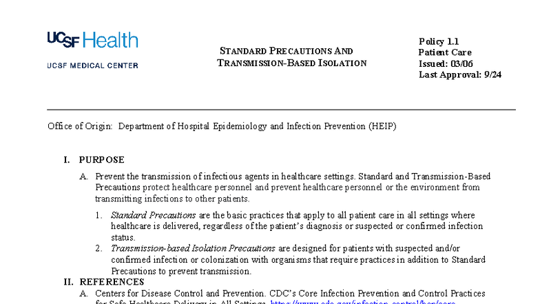 UCSF Policy 1.1: Standard Precautions & Isolation Guidelines - Studocu