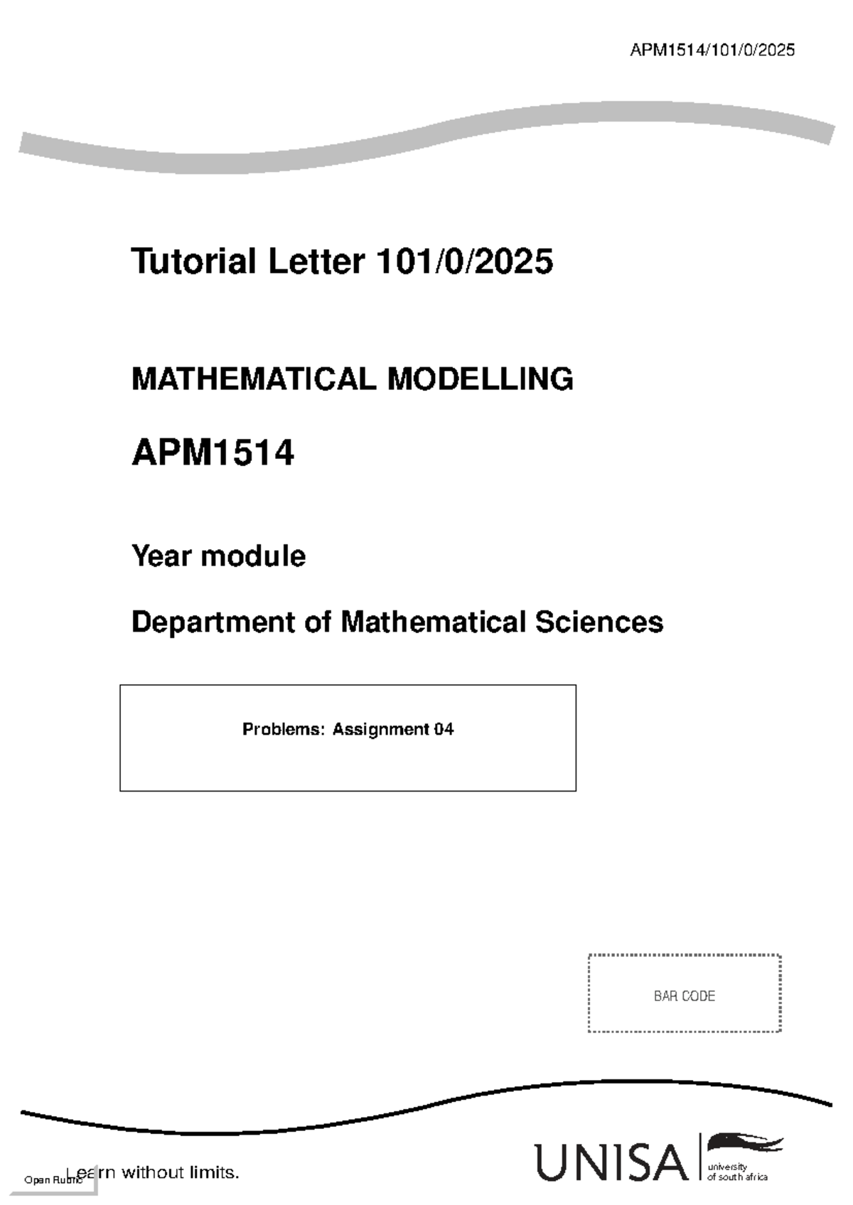 APM1514 Tutorial Letter: Mathematical Modelling Assignment 04 - Studocu