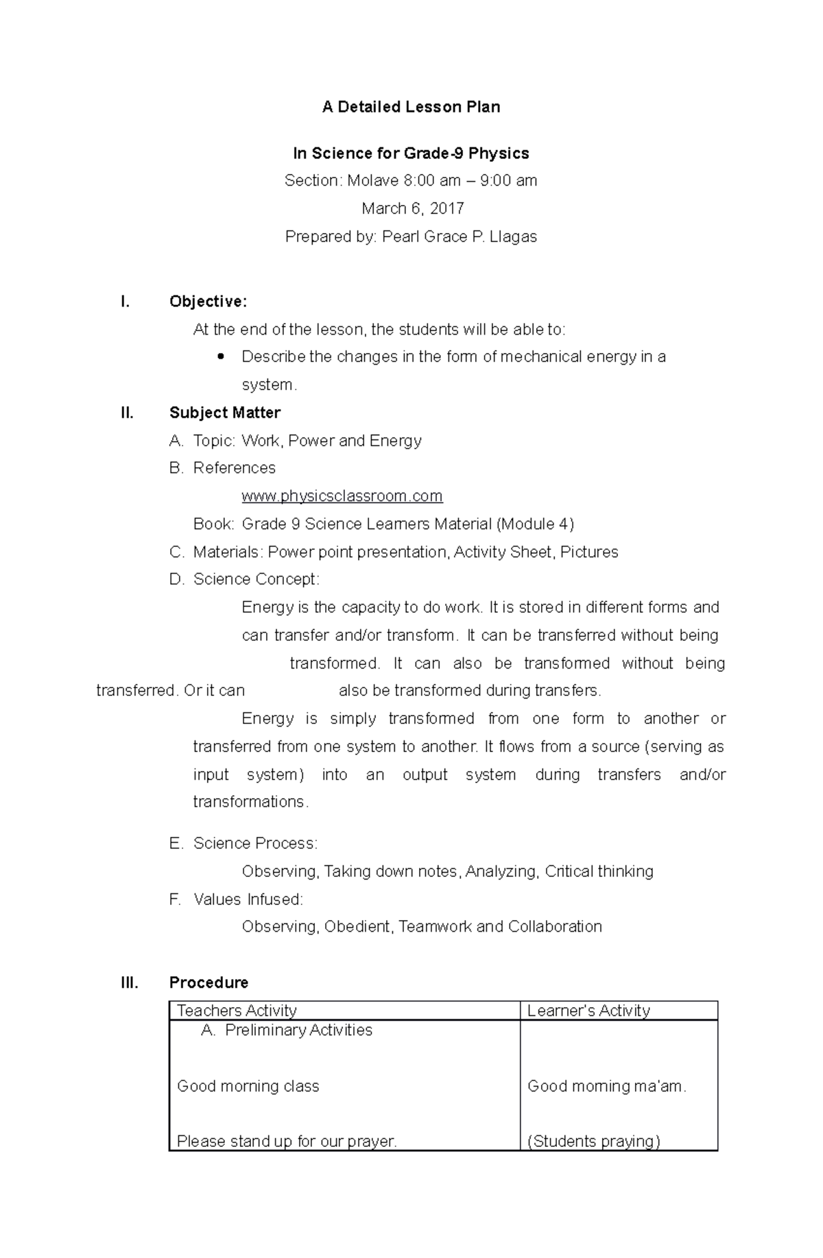 Grade 9 Science Lesson Plan: Change in Mechanical Energy - Studocu