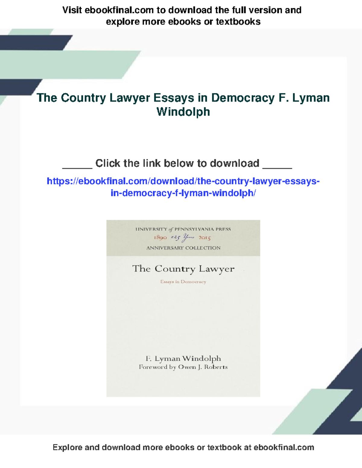 The Country Lawyer: Essays in Democracy by F. Lyman Windolph - Studocu