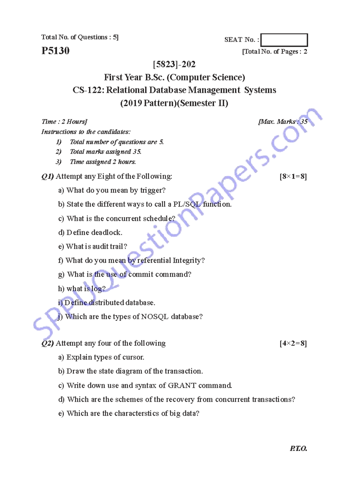 B.Sc. CS Semester II 2022 April RDBMS Exam Paper (P5130) - Studocu