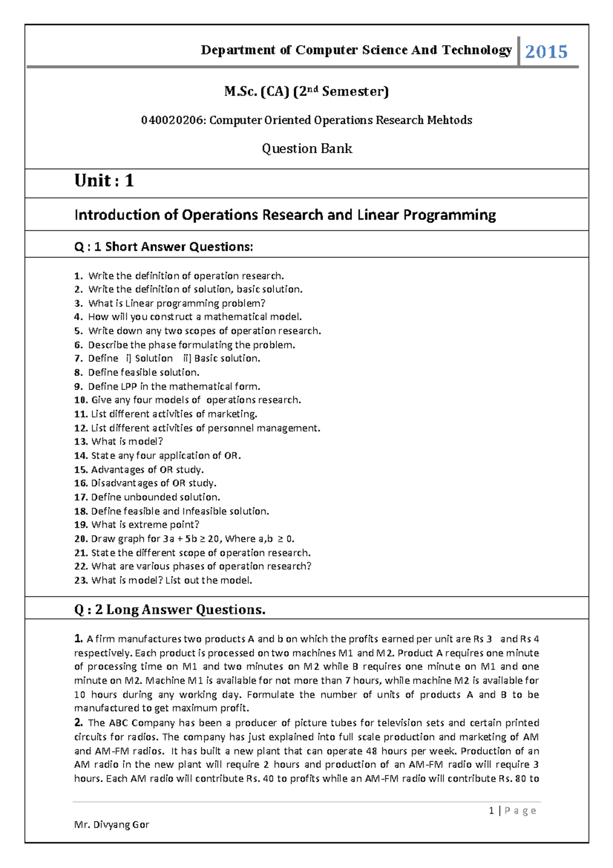 QB040020206 - operations research practice questions - 1 | P a g e M. (CA) (2nd Semester ...