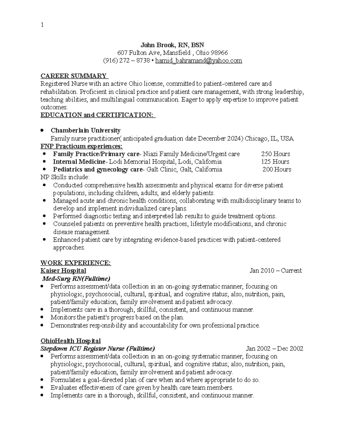FNP Week 3 Assignment: Sample CV of John Brook, RN, BSN - Studocu