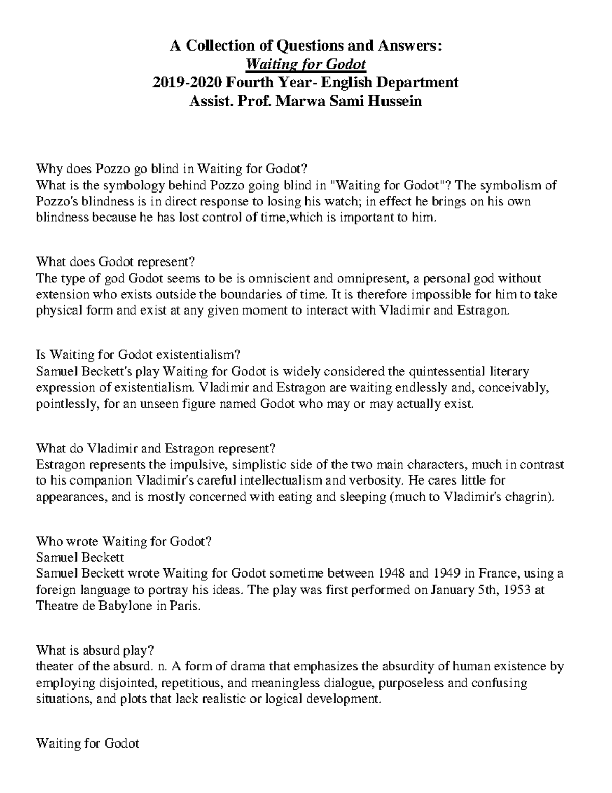 AQA 4th Year English: Questions & Answers on Waiting for Godot - Studocu