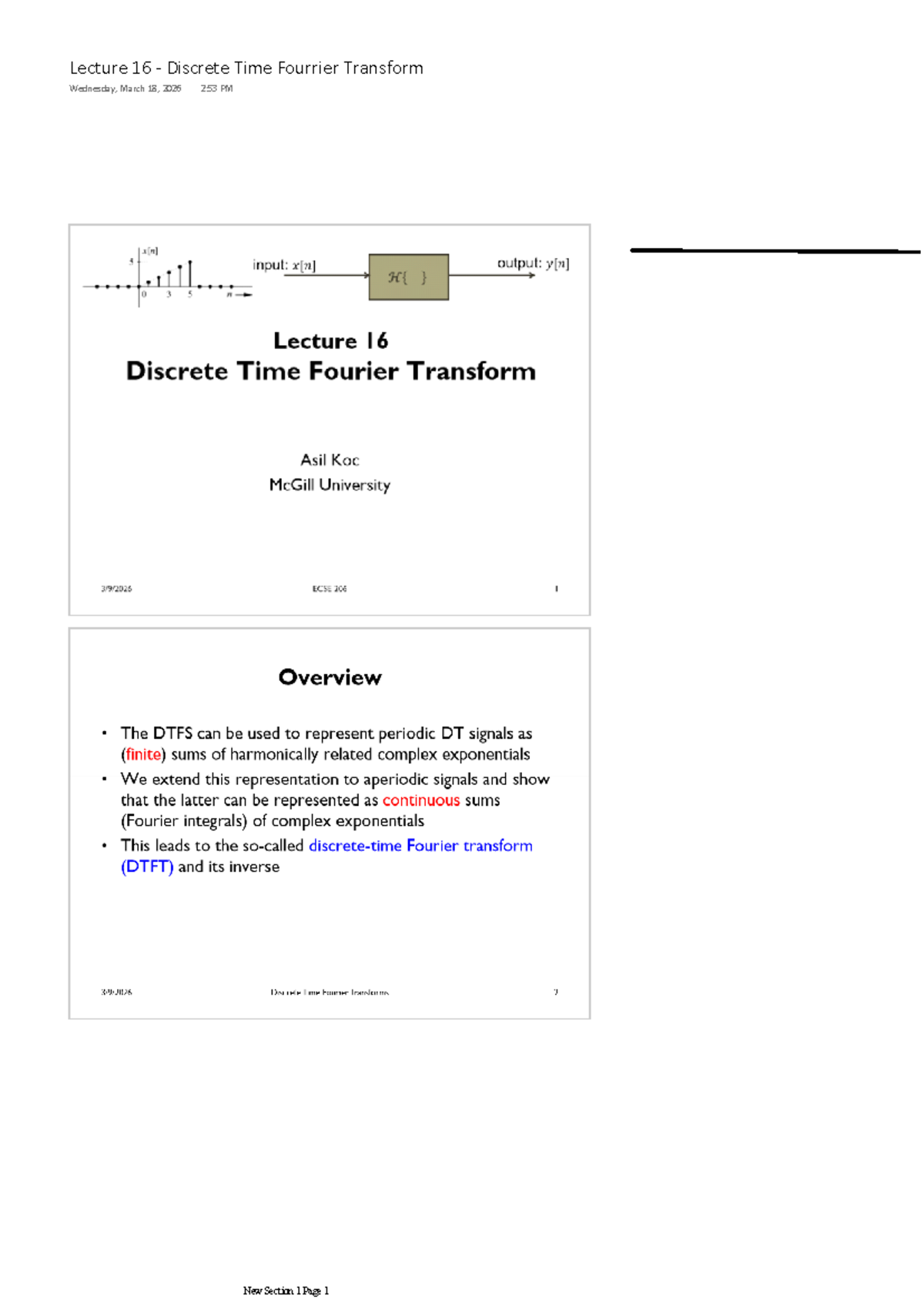 Lecture 16 - Discrete Time Fourrier Transform - ECSE 206 - Lecture 16 ...